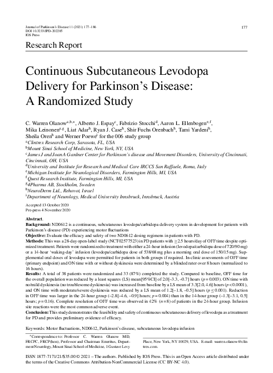 (PDF) Continuous Subcutaneous Levodopa Delivery for Parkinson’s Disease ...