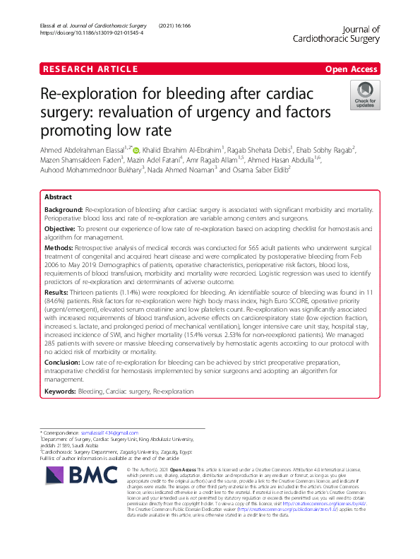 (PDF) Re-exploration for bleeding after cardiac surgery: revaluation of ...