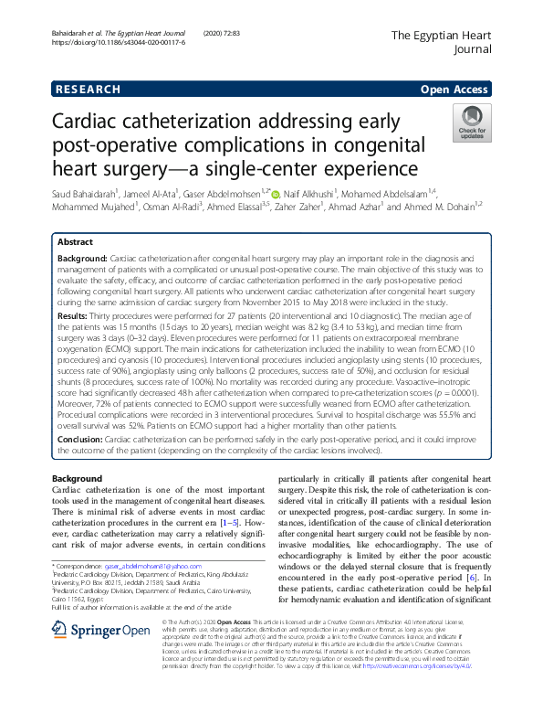 (PDF) Cardiac catheterization addressing early post-operative ...