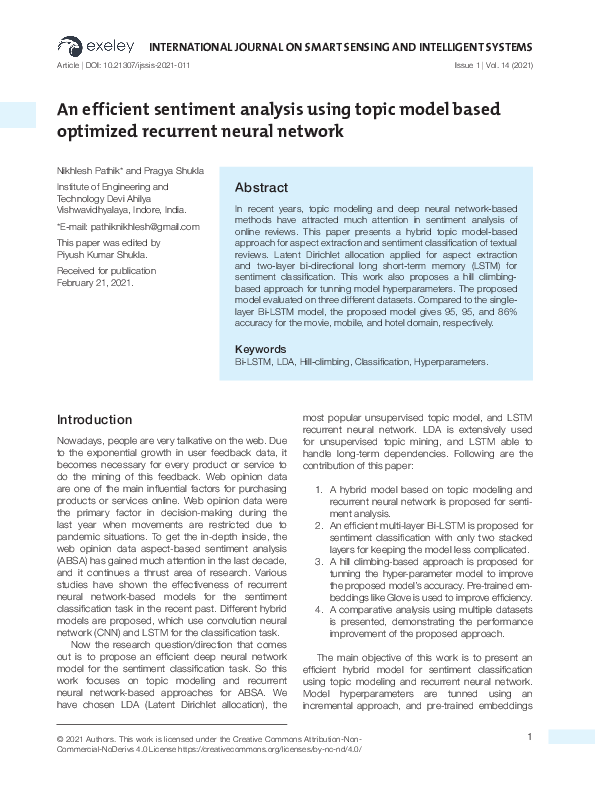 Pdf An Efficient Sentiment Analysis Using Topic Model Based Optimized Recurrent Neural Network