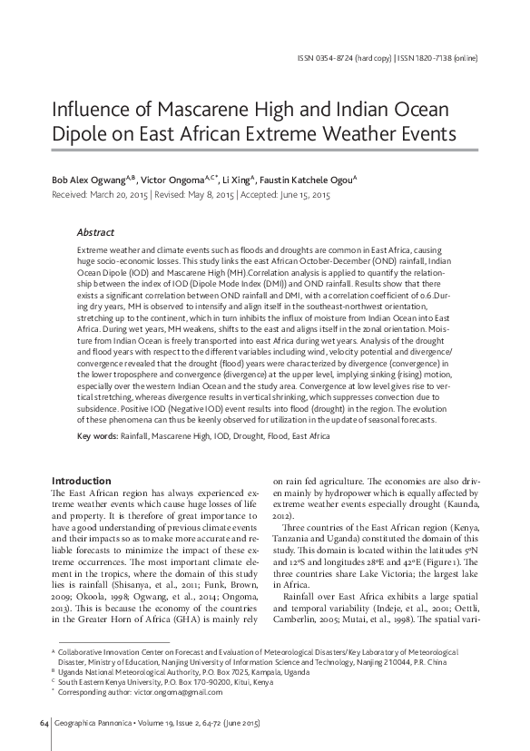 (PDF) Influence of Mascarene High and Indian Ocean Dipole on East ...