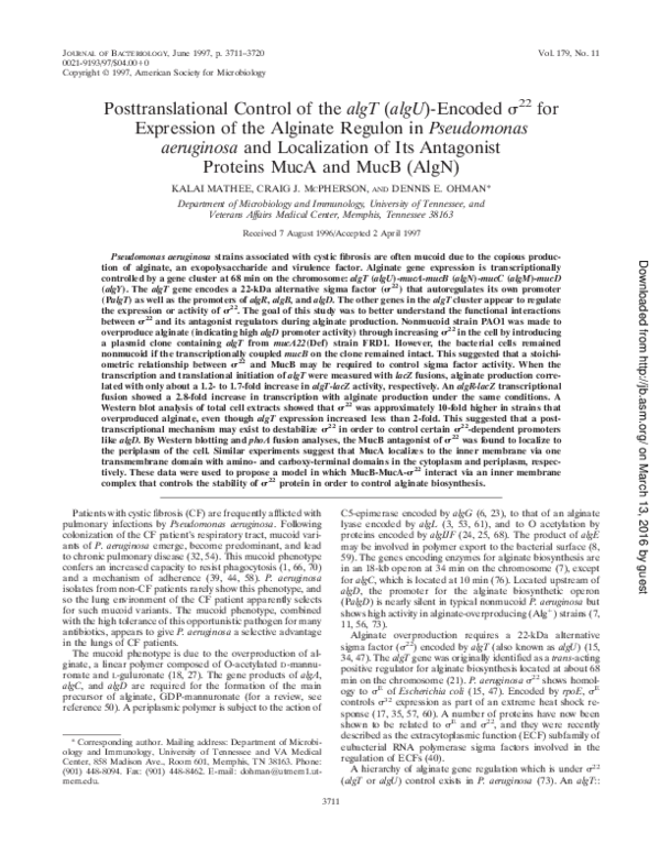 (PDF) Posttranslational Control of the algT (algU)Encoded s22 for ...