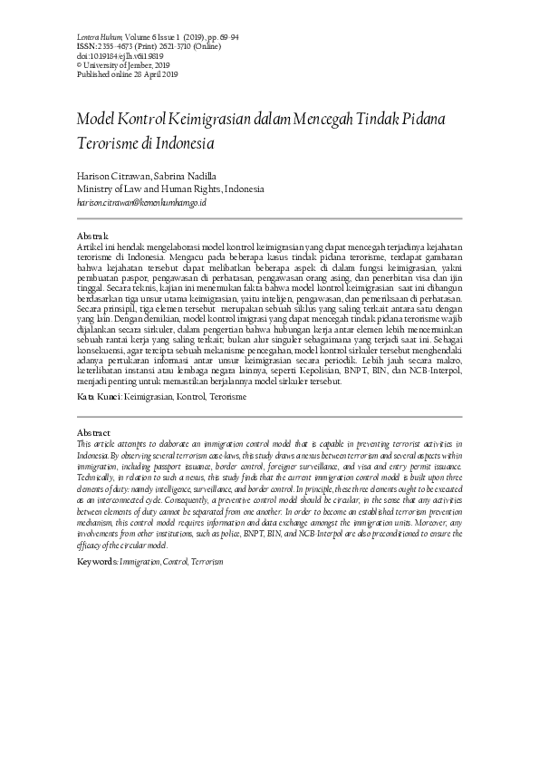 (PDF) Model Kontrol Keimigrasian dalam Mencegah Tindak Pidana Terorisme ...