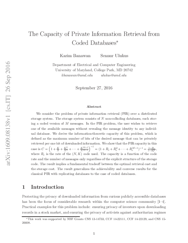 (PDF) The Capacity of Private Information Retrieval From Coded Databases