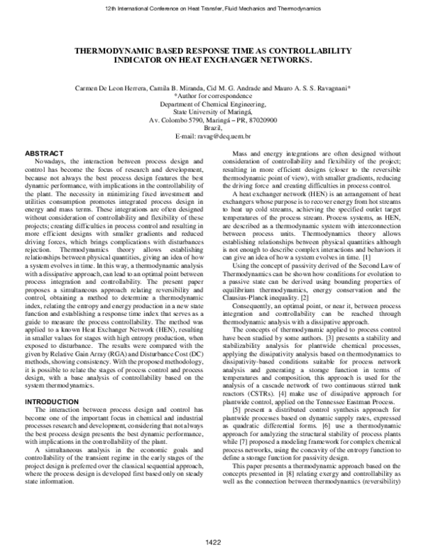 (PDF) Thermodynamic Based Response Time as Controllability Indicator on Heat Exchanger Networks