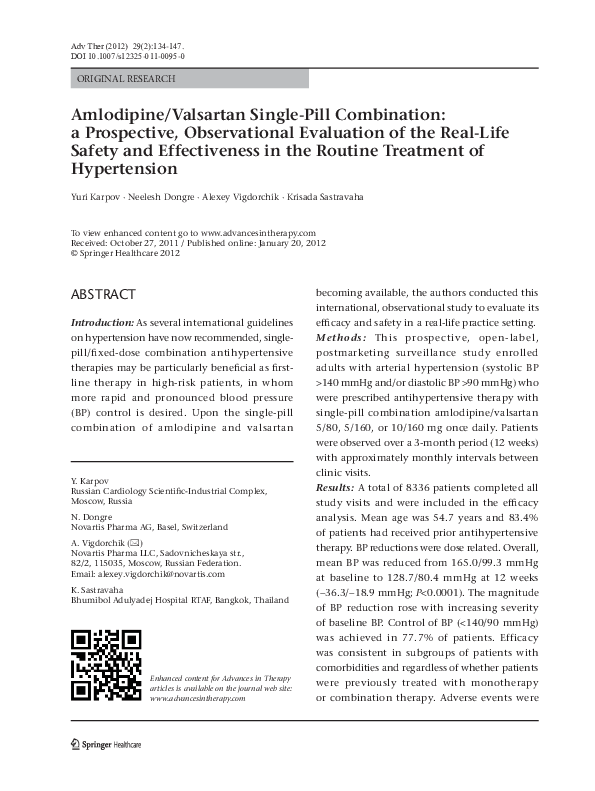(PDF) Amlodipine/Valsartan Single-Pill Combination: A Prospective, Observational Evaluation of ...