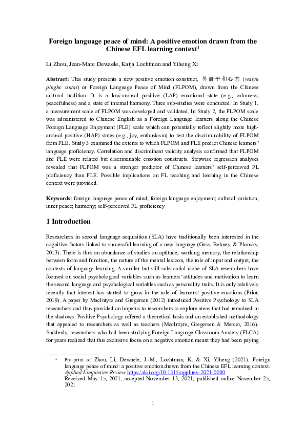 (DOC) Foreign language peace of mind: A positive emotion drawn from the ...