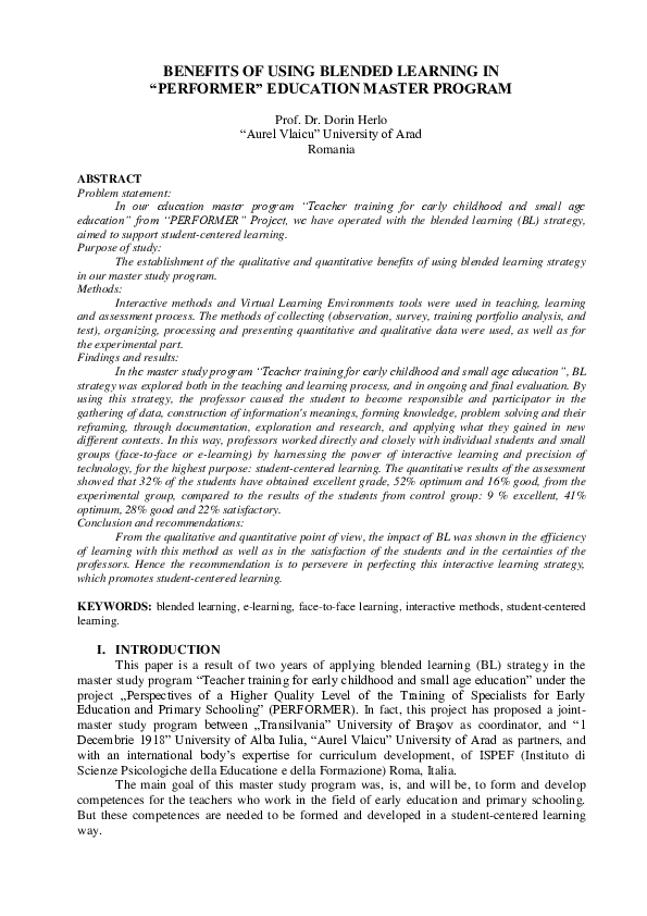 (PDF) Benefits of Using Blended Learning in “Performer” Education Master Program