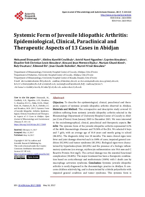 (PDF) Systemic Form of Juvenile Idiopathic Arthritis: Epidemiological ...