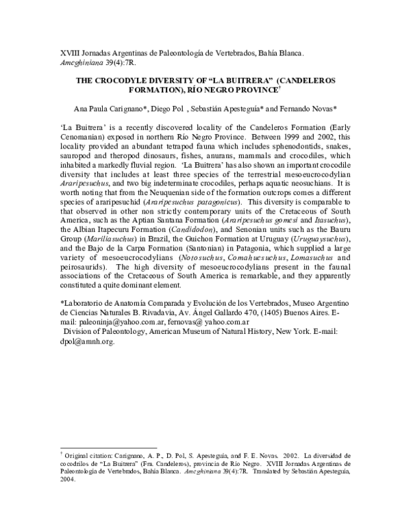 (PDF) The Crocodyle Diversity of "La Buitrera" (Candeleros Formation ...