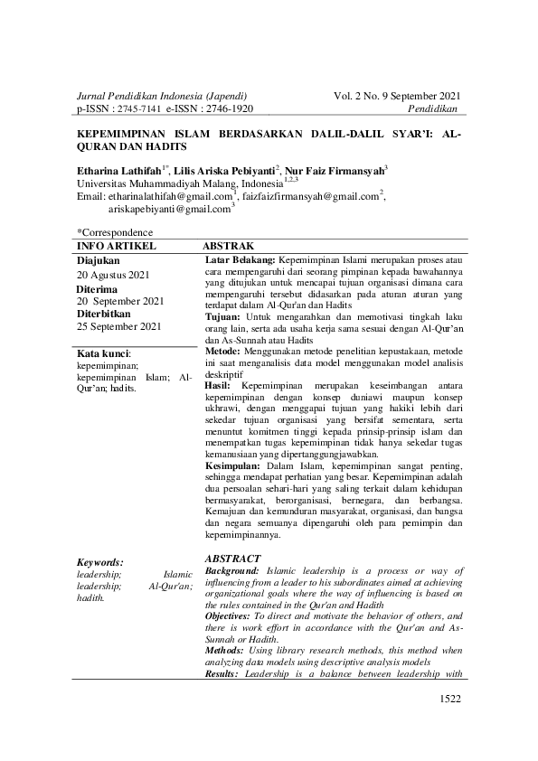 (PDF) Kepemimpinan Islam Berdasarkan Dalil-Dalil Syar’i: Al-Quran dan ...