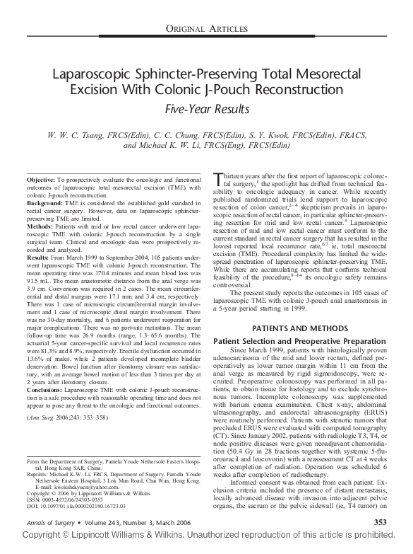 (PDF) Laparoscopic Sphincter-Preserving Total Mesorectal Excision With Colonic J-Pouch ...