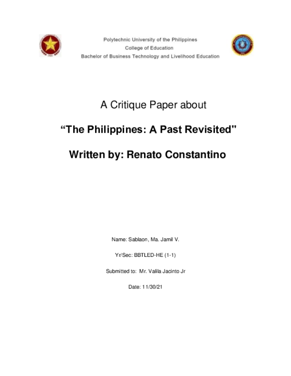 (PDF) A Critique Paper about The Philippine: A Past Revisited by Renato ...