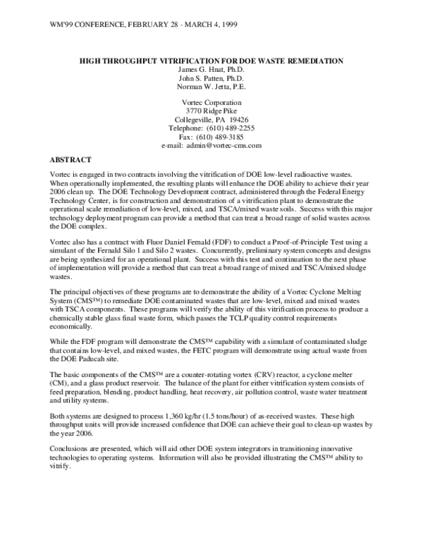 (PDF) High Throughput Vitrification for Doe Waste Remediation
