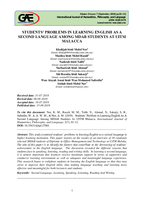 (PDF) Students’ Problems in Learning English as a Second Language Among ...