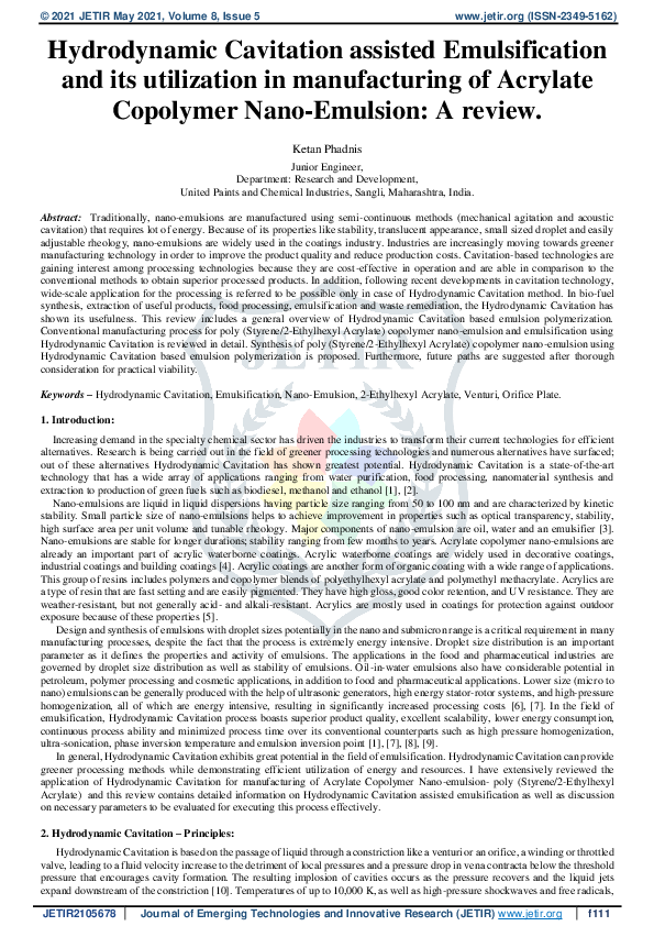 (PDF) Hydrodynamic Cavitation assisted Emulsification and its ...