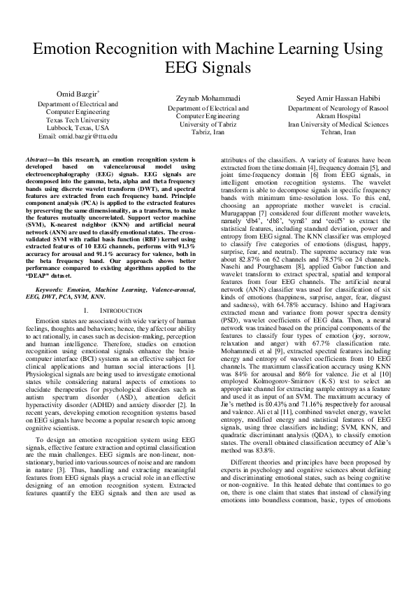 Pdf Emotion Recognition With Machine Learning Using Eeg Signals