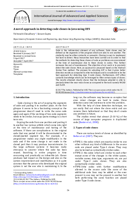 (PDF) A novel approach in detecting code clones in Java using DFS