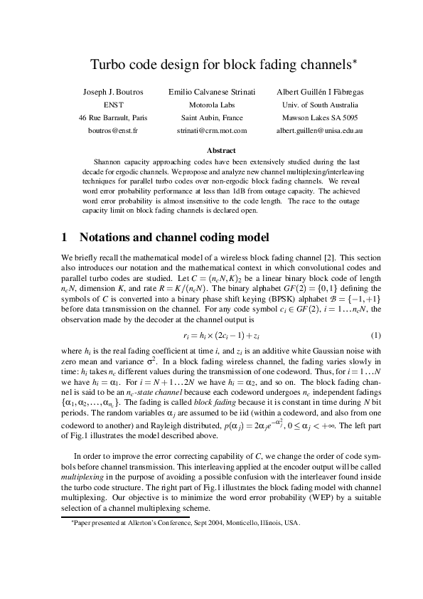 (PDF) Turbo code design for block fading channels