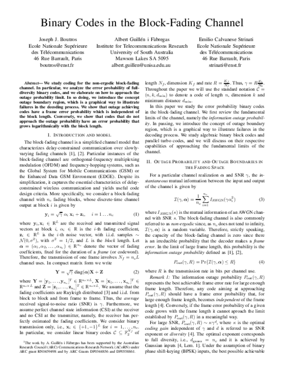 (PDF) Binary codes in the block-fading channel