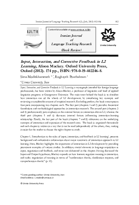 (PDF) Input , Interaction , and Corrective Feedback in L 2 Learning