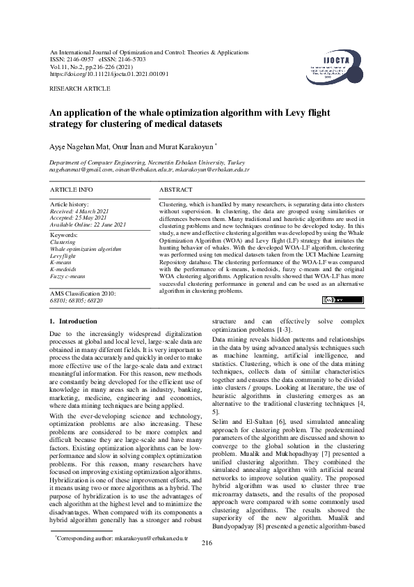 (PDF) An application of the whale optimization algorithm with Levy flight strategy for ...