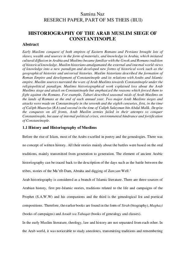(PDF) HISTORIOGRAPHY OF THE ARAB MUSLIM SIEGE OF CONSTANTINOPLE