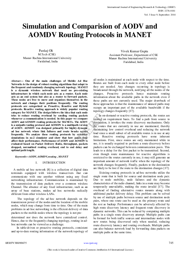 (PDF) Simulation and Comparision of AODV and AOMDV Routing Protocols in MANET