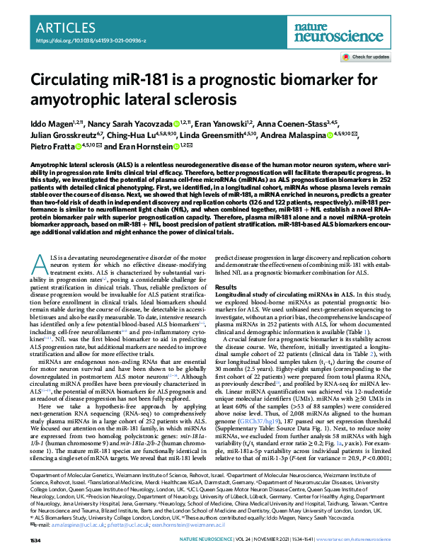 (PDF) Circulating miR-181 is a prognostic biomarker for amyotrophic ...
