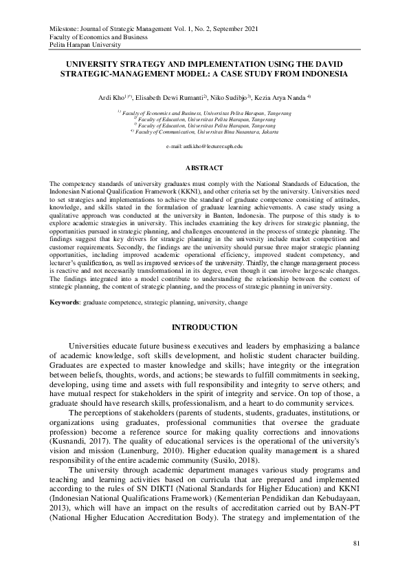 (PDF) University Strategy and Implementation Using the David Strategic ...