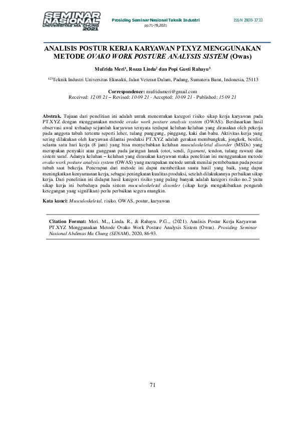 (PDF) Analisis Postur Kerja Karyawan PT.XYZ Menggunakan Metode Ovako Work Posture Analysis ...