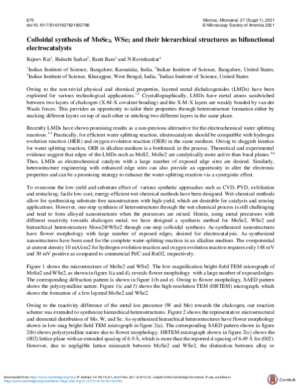 (PDF) Colloidal synthesis of MoSe2, WSe2 and their hierarchical ...