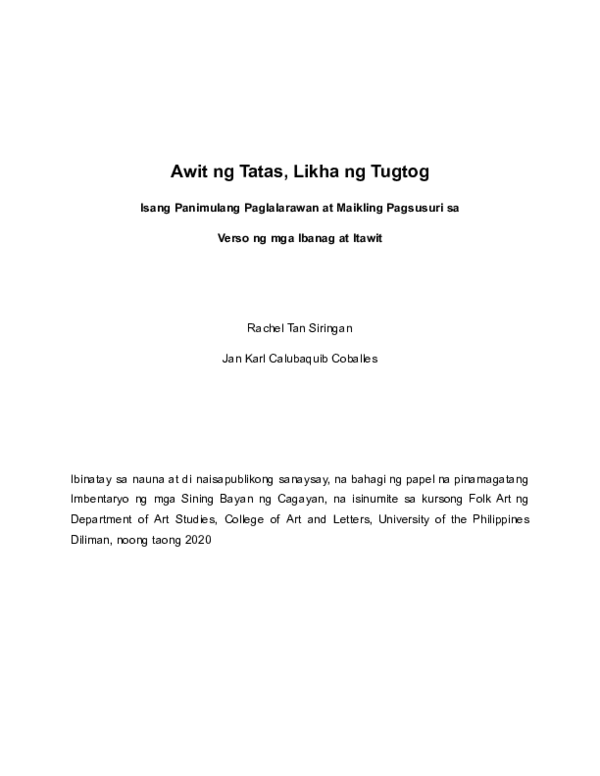 (PDF) Awit ng Tatas, Likha ng Tugtog: Isang Panimulang Paglalarawan at ...