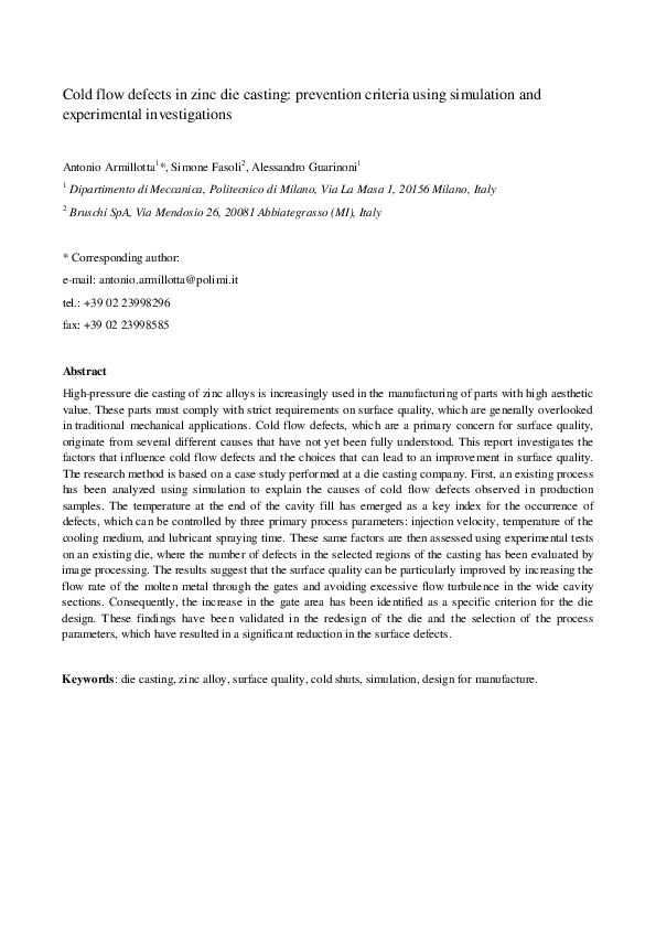 (PDF) Cold flow defects in zinc die casting: prevention criteria using ...
