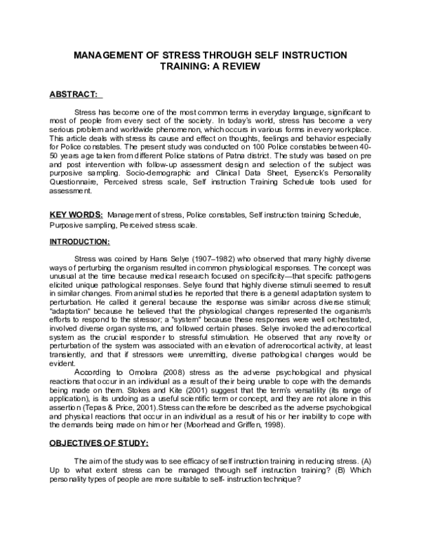 (DOC) MANAGEMENT OF STRESS THROUGH SELF INSTRUCTION TRAINING: A REVIEW