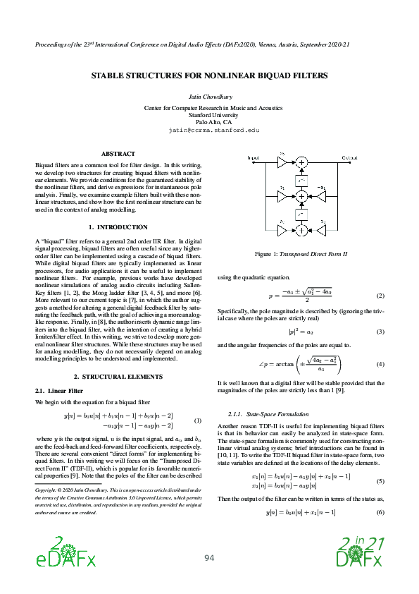 (PDF) Stable Structures for Nonlinear Biquad Filters