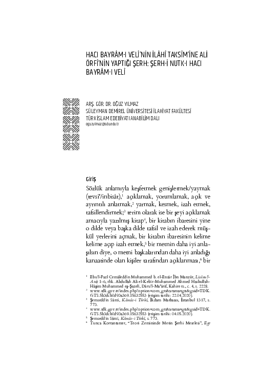 (PDF) “Hacı Bayrâm-ı Velînin İlâhî Taksîmine Ali Örfînin Yaptığı Şerh ...
