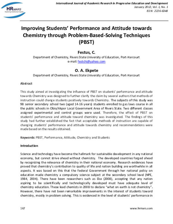 (PDF) Improving Students' Performance and Attitudes Towards Chemistry Through Problem Based ...