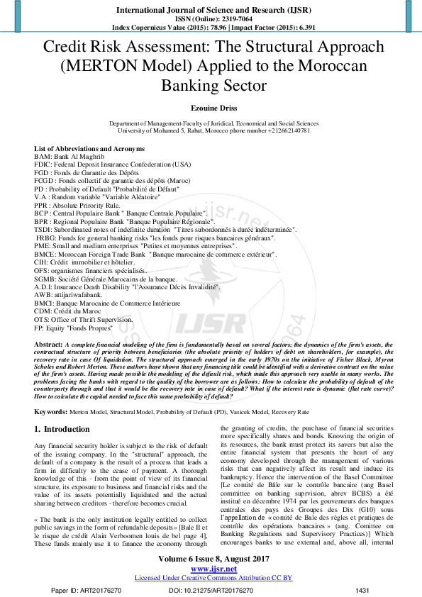(PDF) Credit Risk Assessment: The Structural Approach (MERTON Model ...