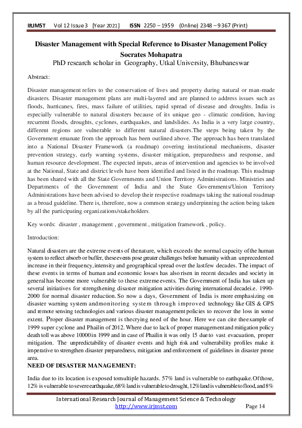 (PDF) Disaster Management with Special Reference to Disaster Management ...