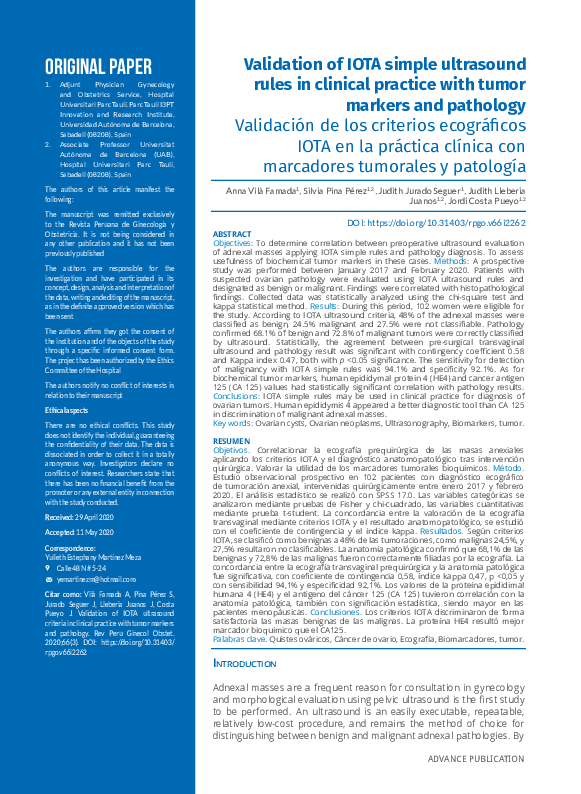(PDF) Validation of IOTA simple ultrasound rules in clinical practice ...