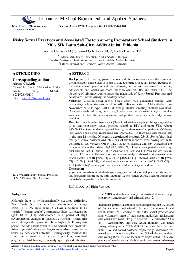 (PDF) Risky Sexual Practices and Associated Factors among Preparatory School Students in Nifas ...