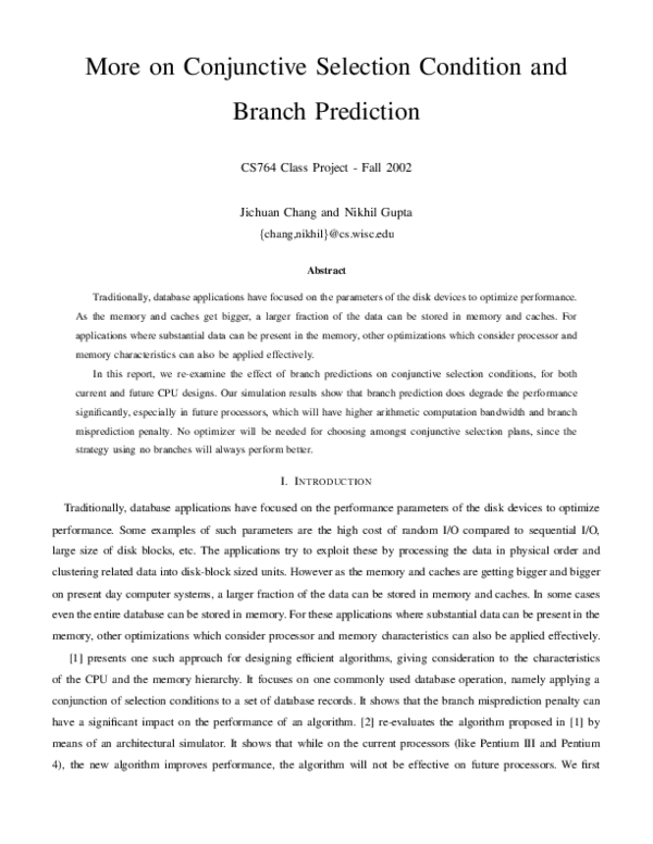 (PDF) More on Conjunctive Selection Condition and Branch Prediction