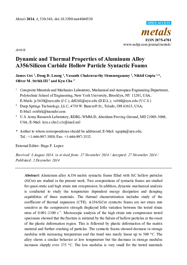 (PDF) Dynamic and Thermal Properties of Aluminum Alloy A356/Silicon Carbide Hollow Particle ...