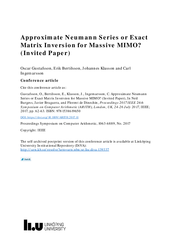 Pdf Approximate Neumann Series Or Exact Matrix Inversion For Massive Mimo