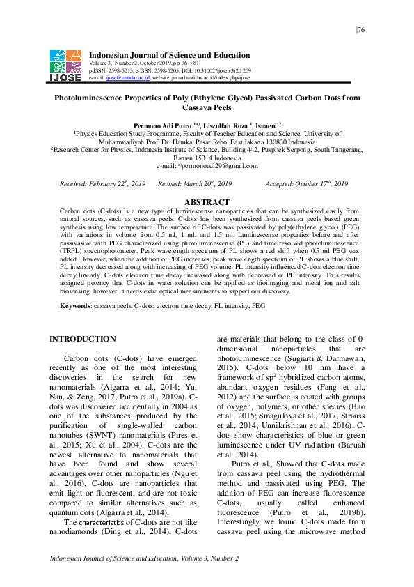 (PDF) Photoluminescence Properties of Poly (Ethylene Glycol) Passivated Carbon Dots from Cassava ...