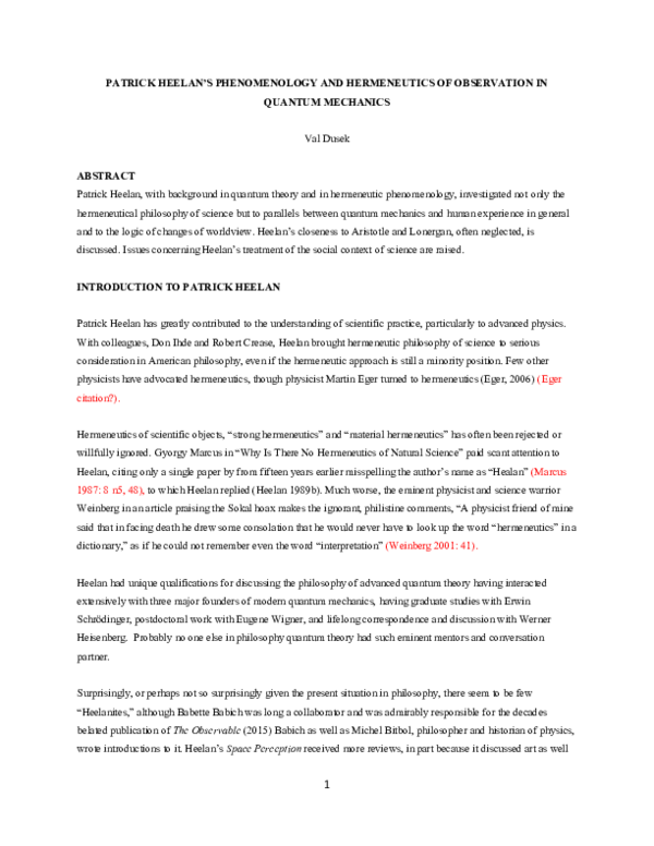 (DOC) PATRICK HEELAN'S PHENOMENOLOGY AND HERMENEUTICS OF OBSERVATION IN ...