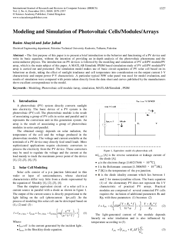 (PDF) Modeling and simulation of photovoltaic cells/modules/arrays