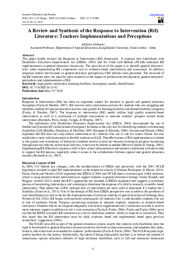 (PDF) A Review and Synthesis of the Response to Intervention (RtI ...