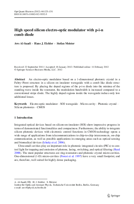 (PDF) High speed silicon electro-optic modulator with p-i-n comb diode